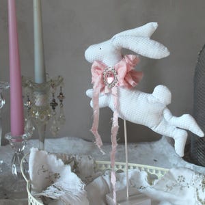 Shabby Chic Bunny Decor OOAK Flying Bunny on Stand Decor Handmade Marie ...