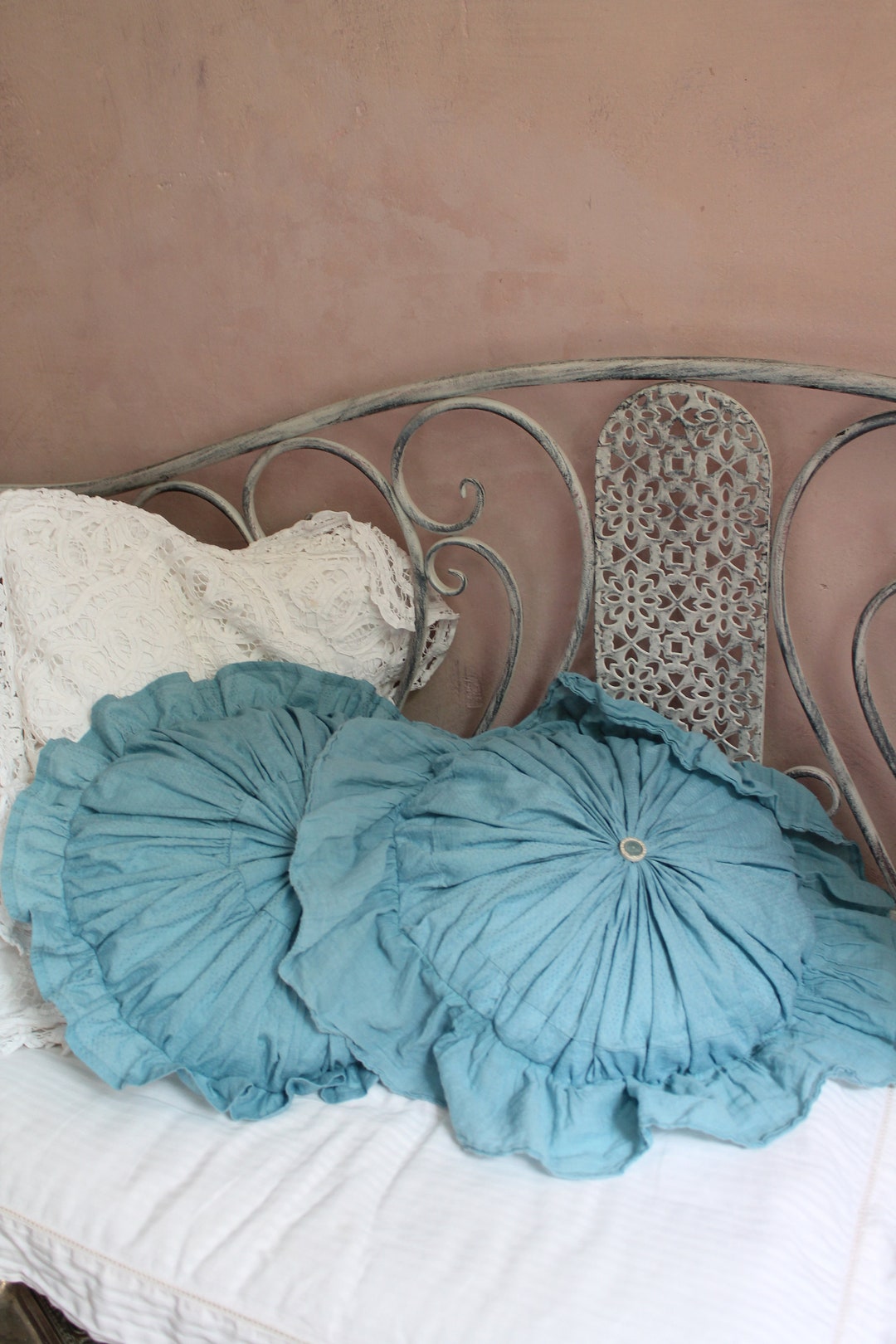 Blue Shabby Chic Pillows Ruffle Round Pillows Teal Blue Pillow Shams ...