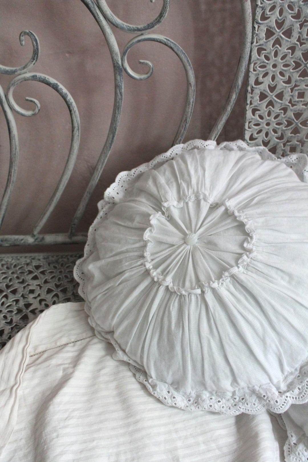 White Shabby Chic Pillow White Ruffle Round Pillows French Country ...