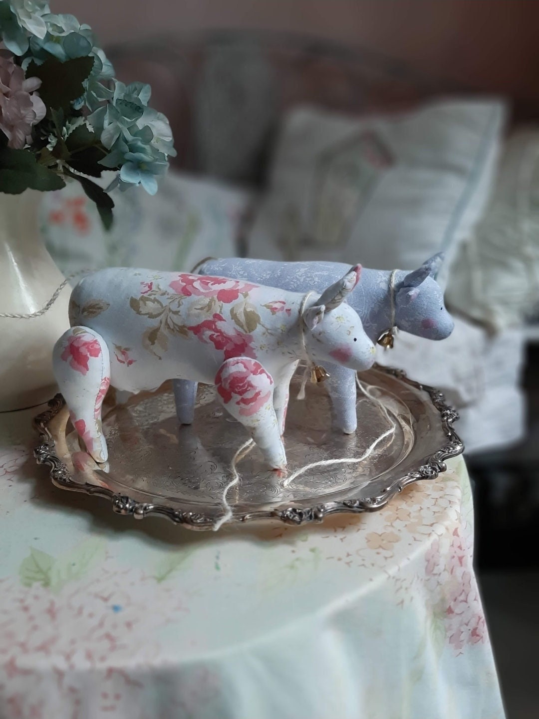 Cow Decor Textile Floral Pattern Stuffed Cow Shabby Chic Cottage Blue ...