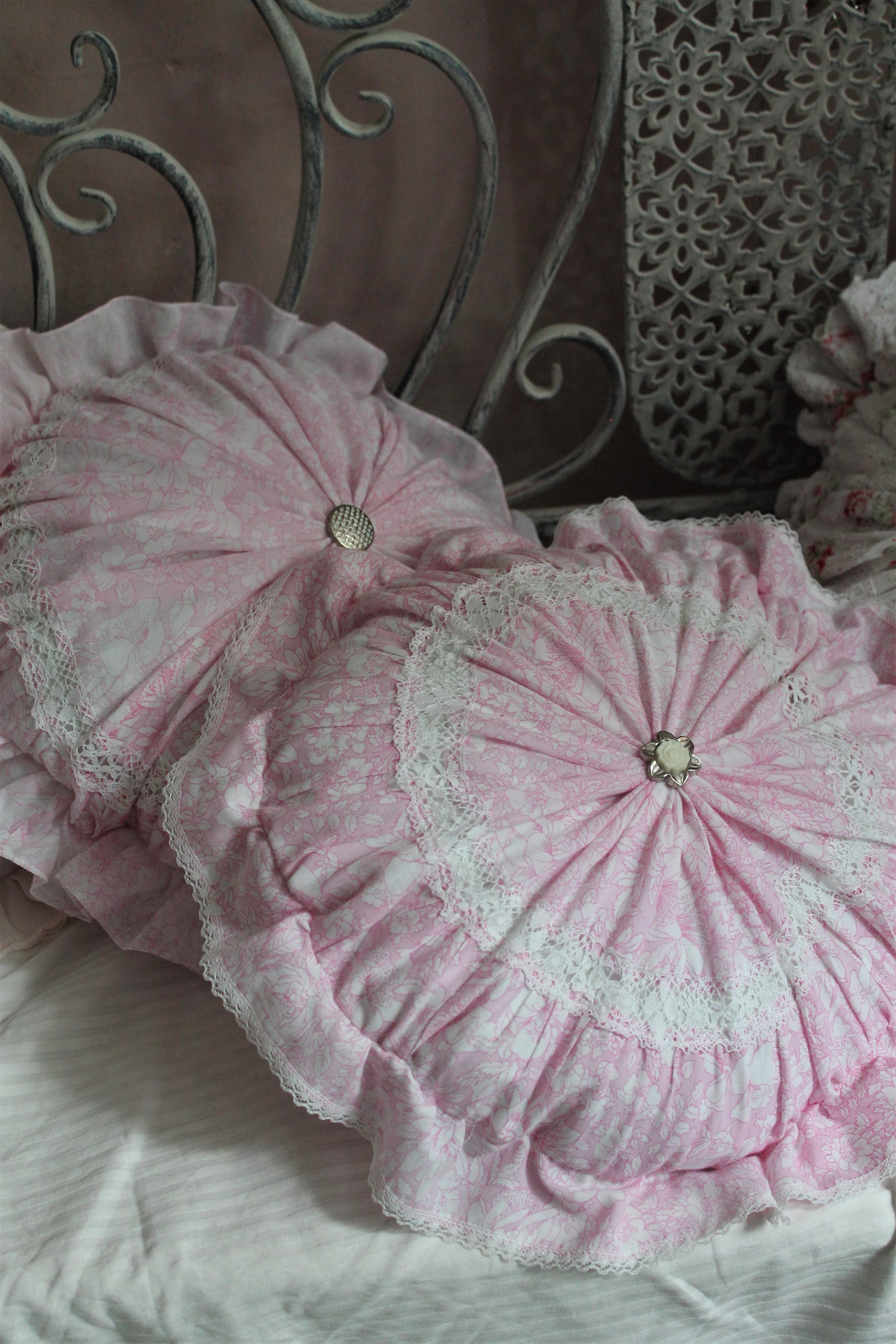 Pink round ruffle pillow Floral pillows Shabby chic pillows | Etsy