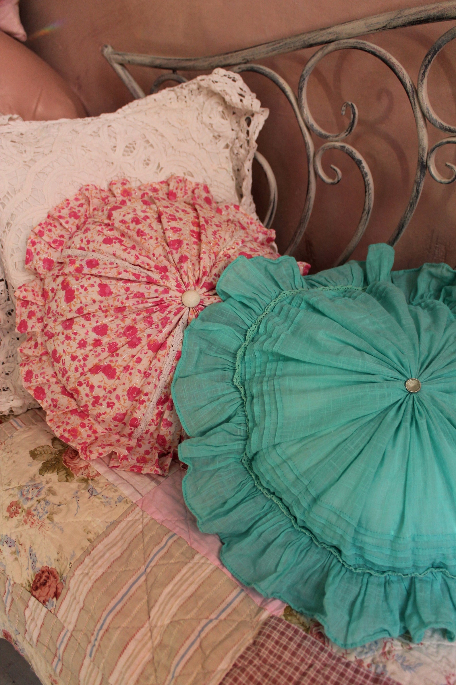Pink Floral Round Pillow With Ruffle Cotton Round Pillows | Etsy