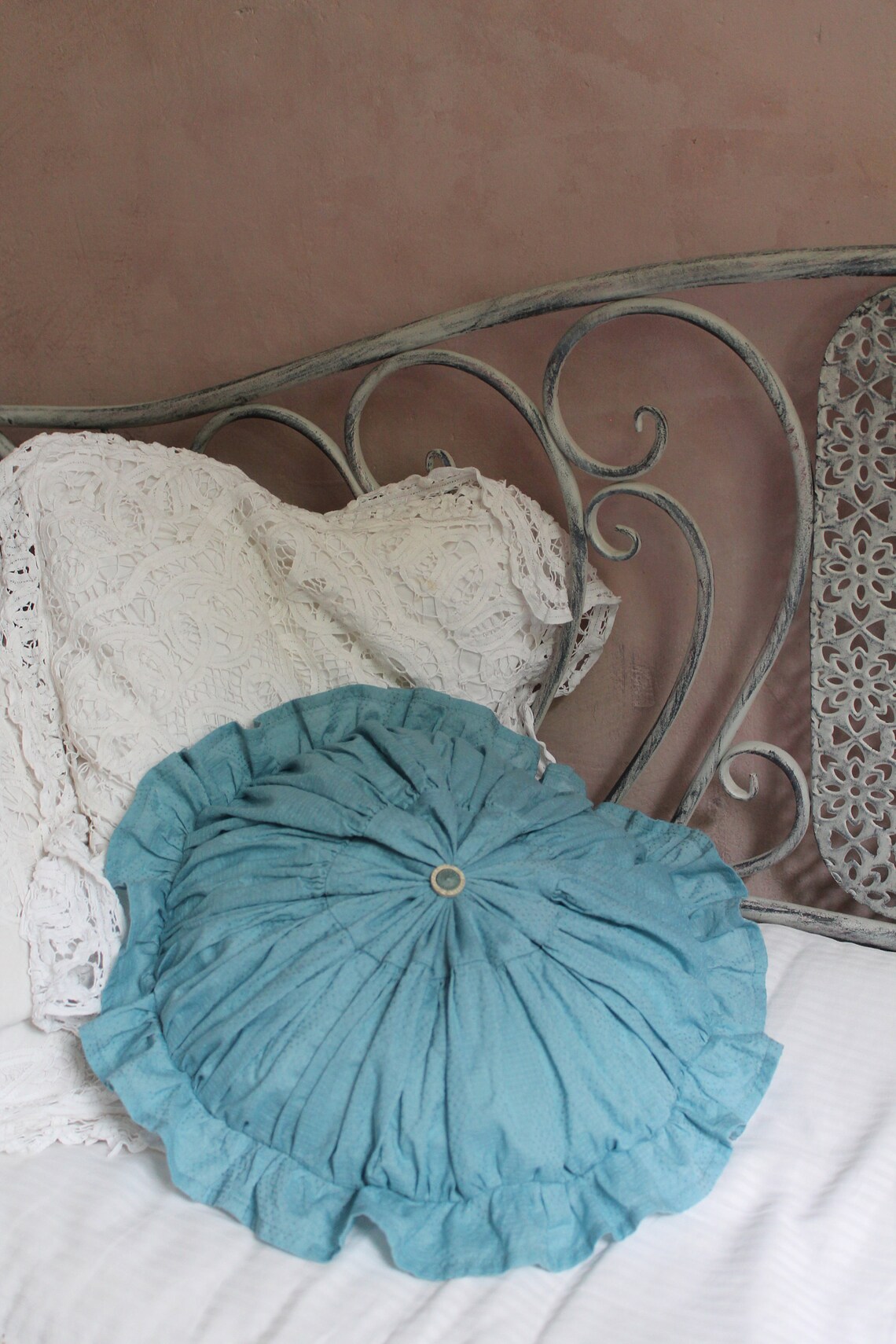 Blue Shabby chic pillows Ruffle round pillows Teal Blue pillow | Etsy