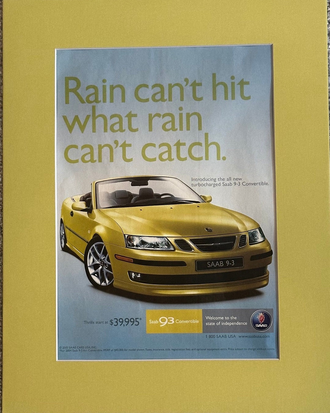 SAAB 9-3 CONVERTIBLE Original Advertisement Custom Matted 11X14 - Etsy