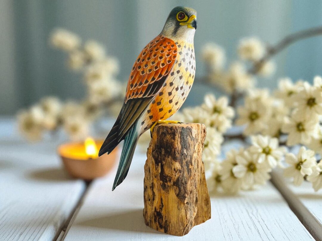 Hand Carved Wooden Kestrel on Reclaimed Log | Wildlife Bird Sculpture ...