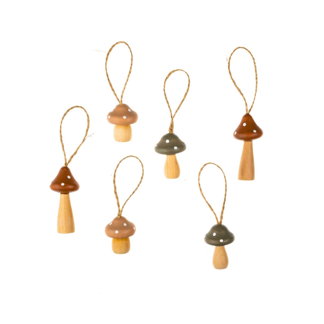 Handmade Miniature Wooden Toadstools on String Set of 6 Mushroom Decor ...