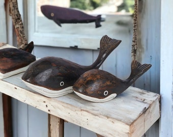 Wooden Carved Whales / Set of 2 / Rustic Coastal Decor / Mother and ...