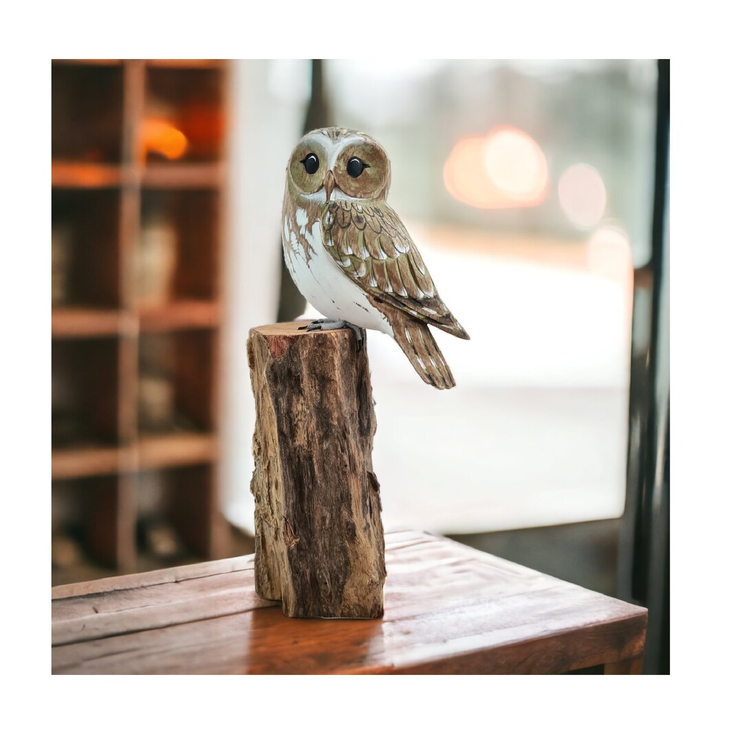 Wooden Carved and Painted OWL on Tree Stump / Fairtrade Ornament ...