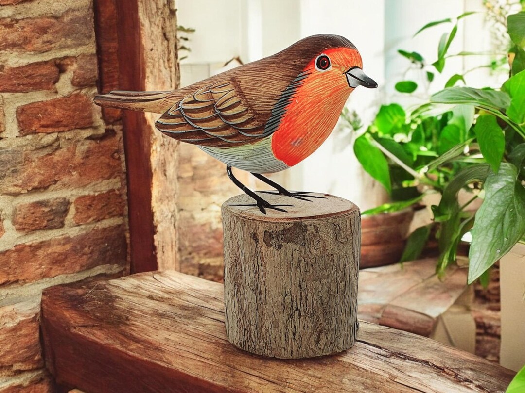 Robin Wooden Ornament, Hand Carved Figure | Bird Watcher Gift | Garden ...