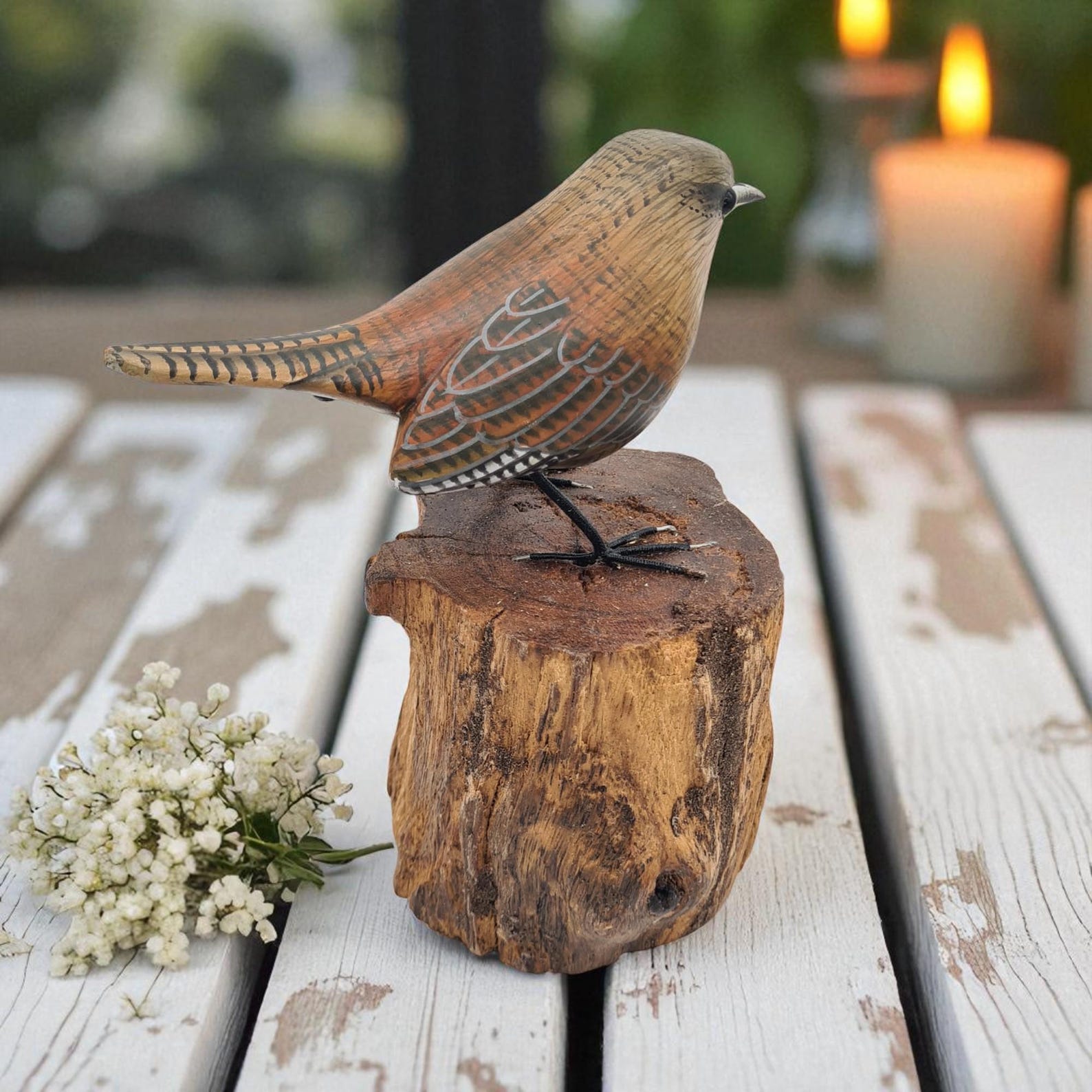 Handcrafted Wooden Wren Bird on Log - Rustic Nature Decor, 13cm X 9cm ...