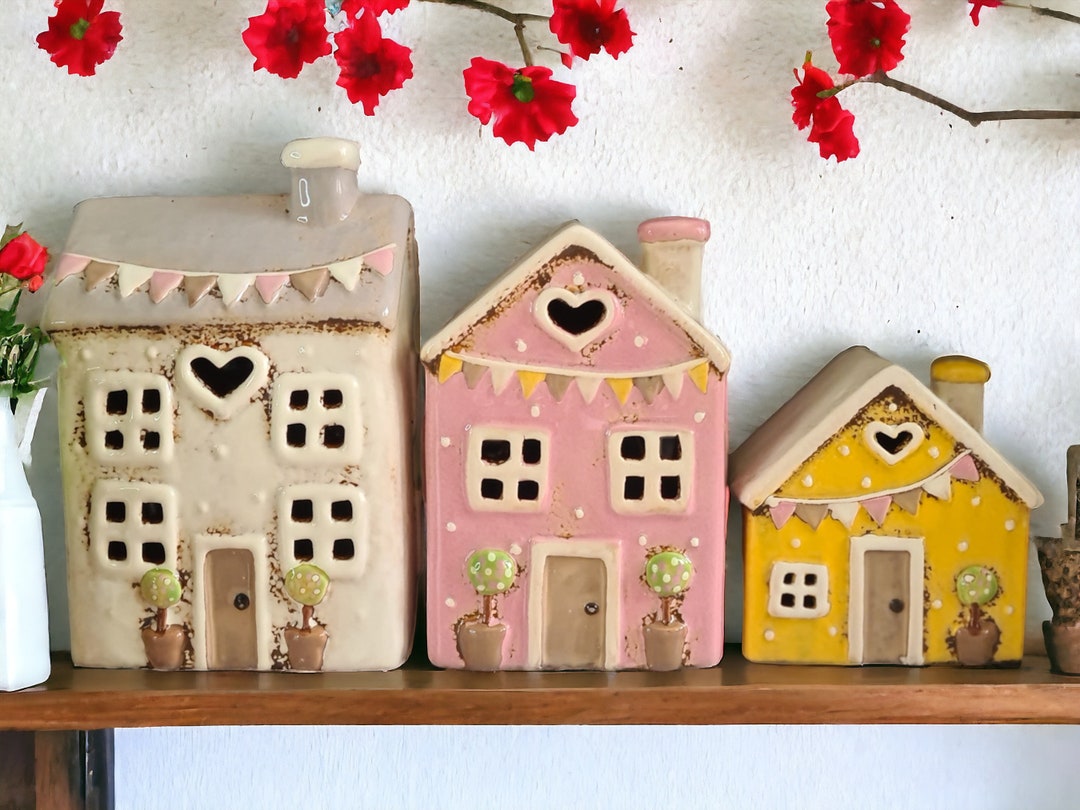Handcrafted Ceramic Cottage-style Candle Holders / Rustic Charm Pastel ...