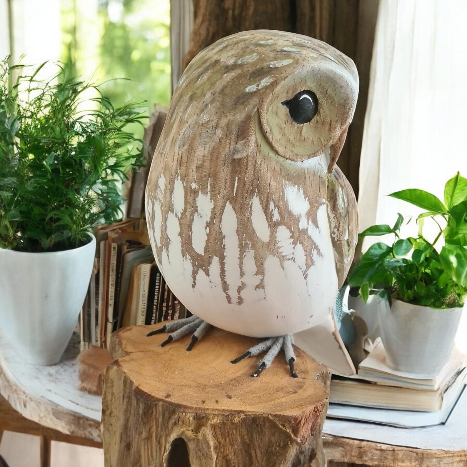 Wooden Carved and Painted OWL on Tree Stump / Fairtrade Ornament ...