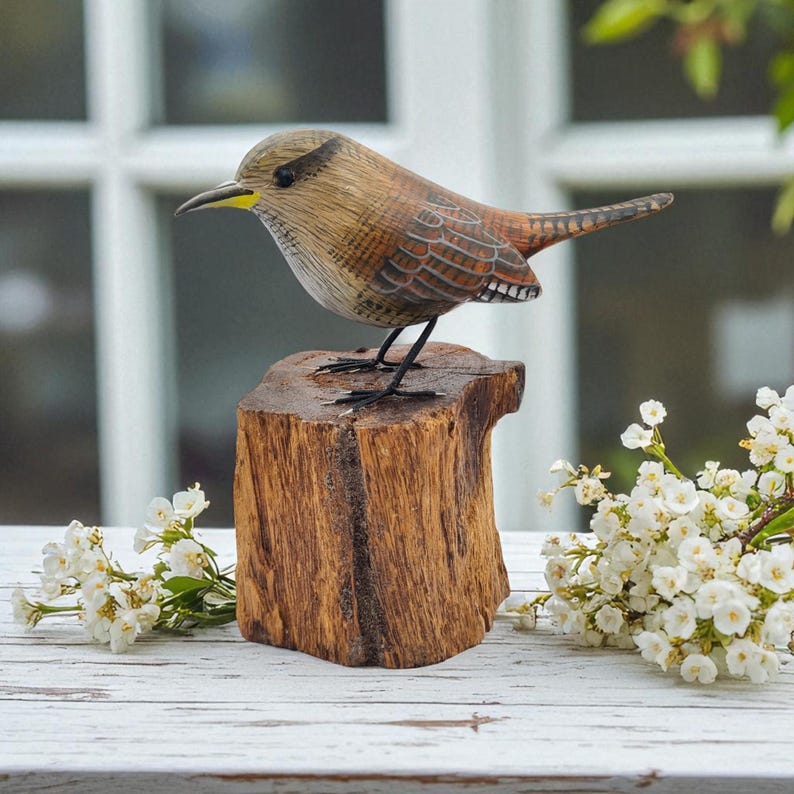 Handcrafted Wooden Wren Bird on Log - Rustic Nature Decor, 13cm X 9cm ...