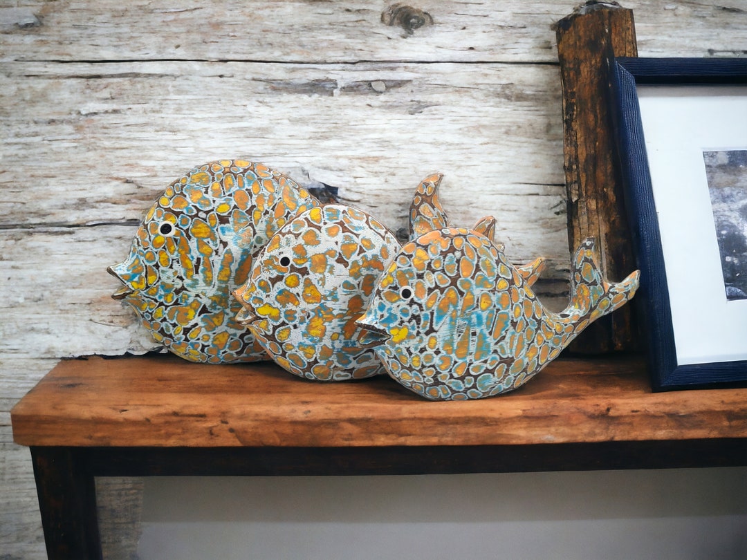 Handcrafted Driftwood Family of Fish Unique Multicolour Coastal Art for ...