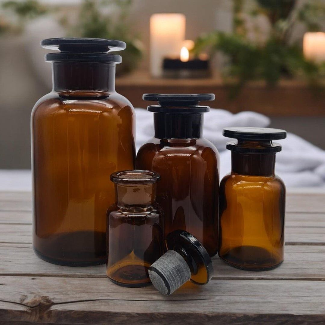 Apothecary Chemist Glass Jar W/ Glass Stopper, UV Resistant Genuine ...
