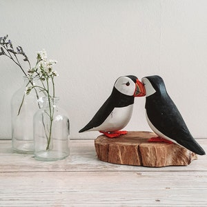 Hand Carved Wooden Puffin Figurines Coastal Decor Nautical Sculpture ...
