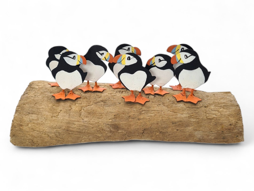 Puffin Wooden Ornament, Hand Crafted Circus of 8 Miniature Tin Puffins ...