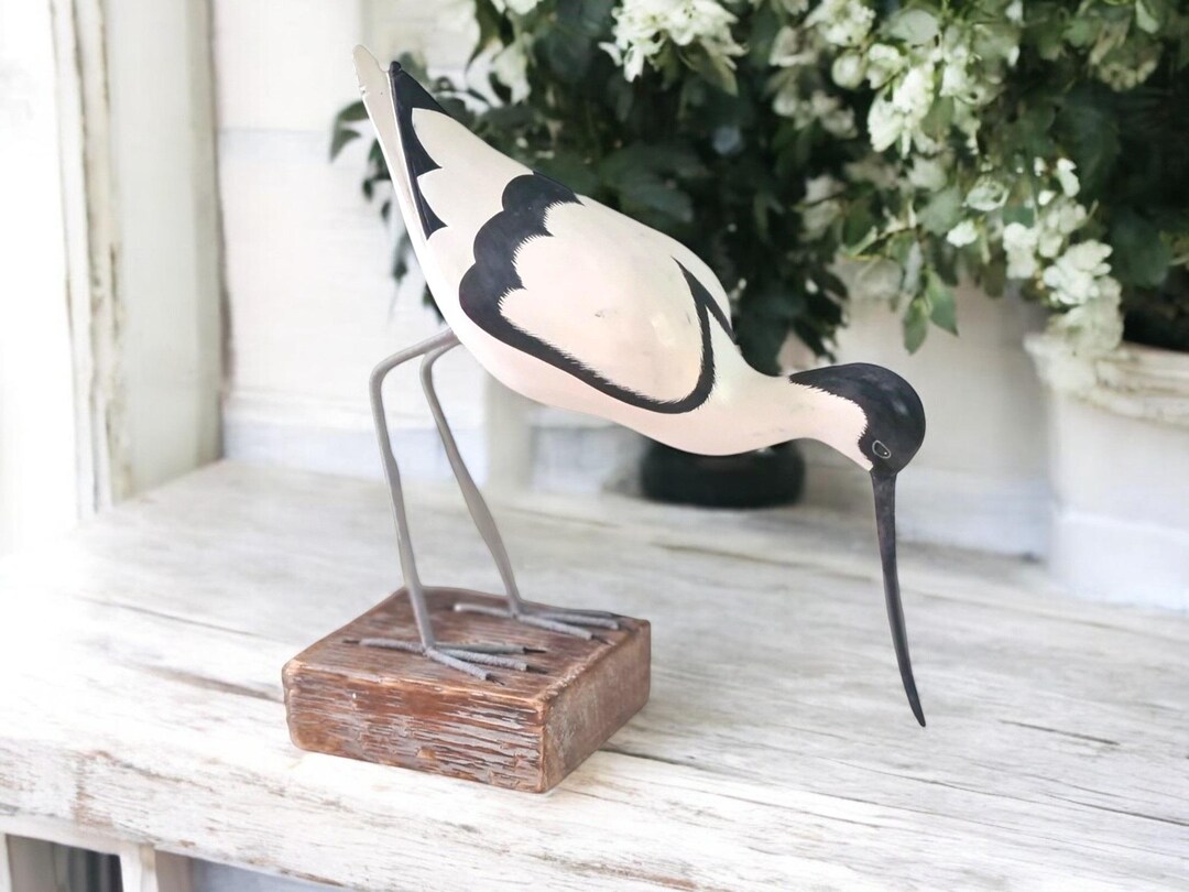 Hand Carved Wooden Avocet Figurine | Coastal Bird Ornament in Fishing ...