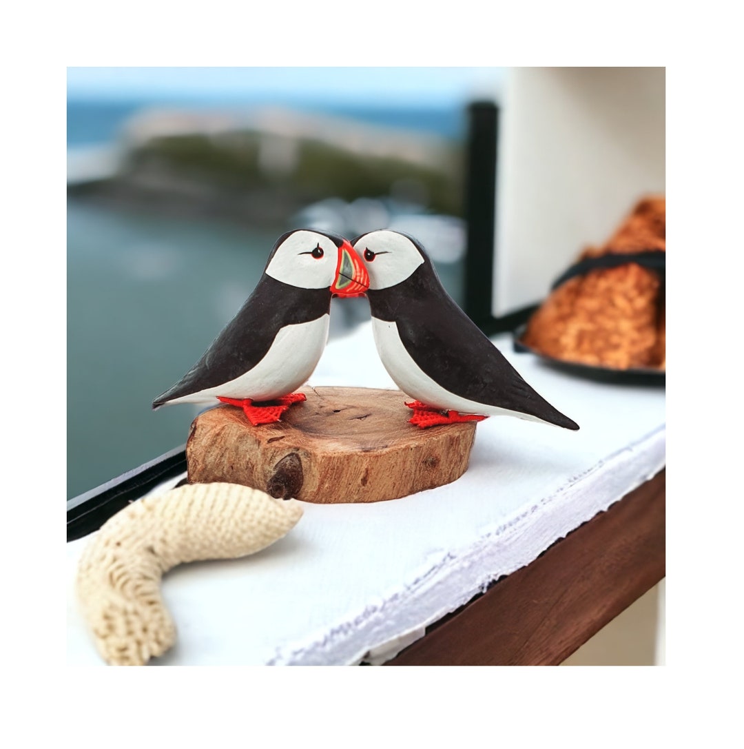 Hand Carved Wooden Puffin Figurines Coastal Decor Nautical Sculpture ...