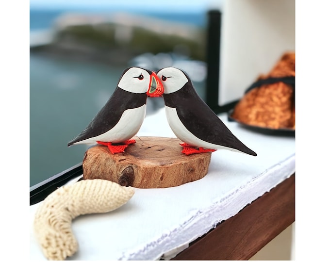 Hand Carved Wooden Puffin Figurines Coastal Decor Nautical Sculpture ...