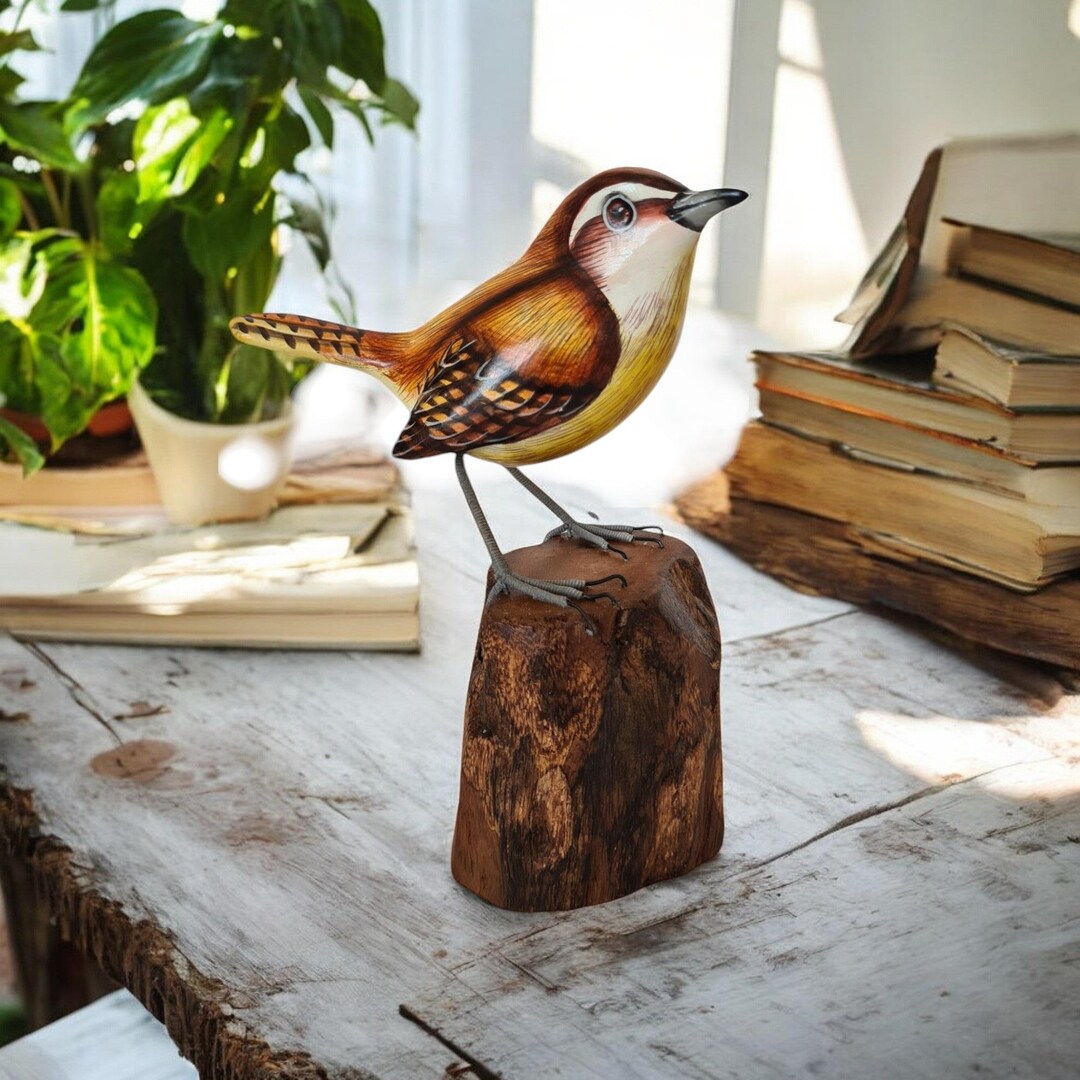 Handcrafted Wooden Wren Bird on Log - Rustic Nature Decor, 13cm X 9cm ...