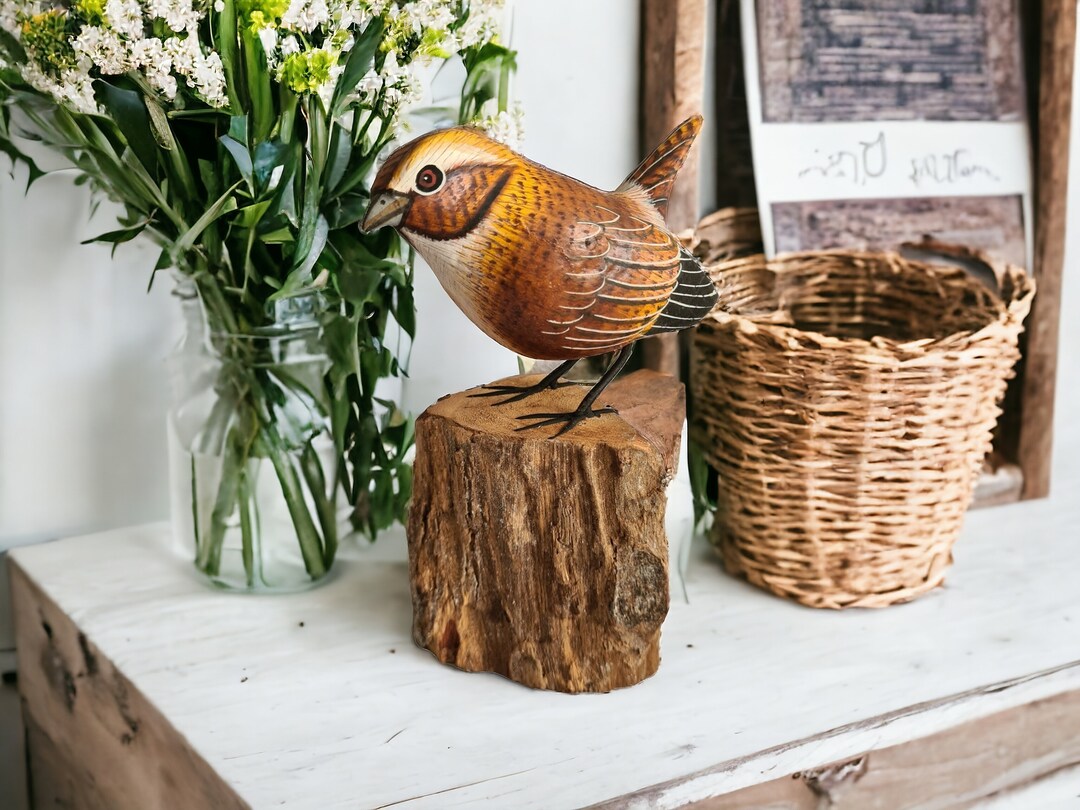Handcrafted Wooden Wren Bird on Log Rustic Nature Decor, 13cm X 9cm ...