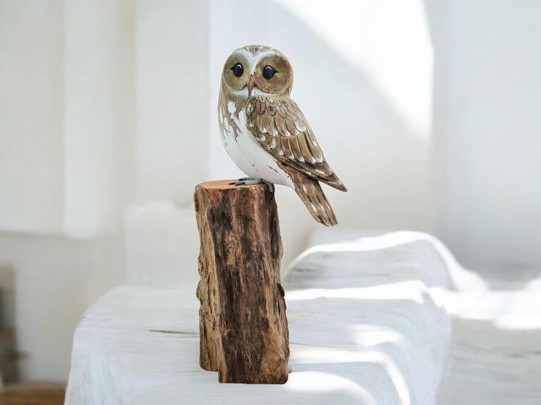 Wooden Carved and Painted OWL on Tree Stump / Fairtrade Ornament ...