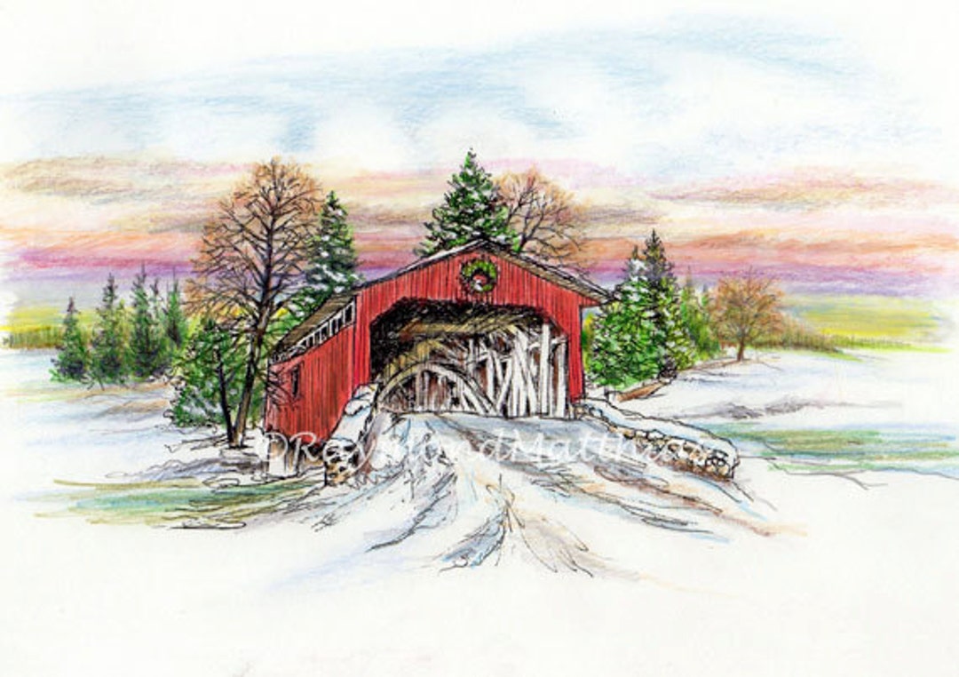 Covered Bridge Illustration Drawing Watercolor Pencil Pen and Ink ...