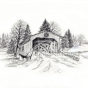 Covered Bridge Christmas Holidays Winter Matted Print Drawing Black and ...