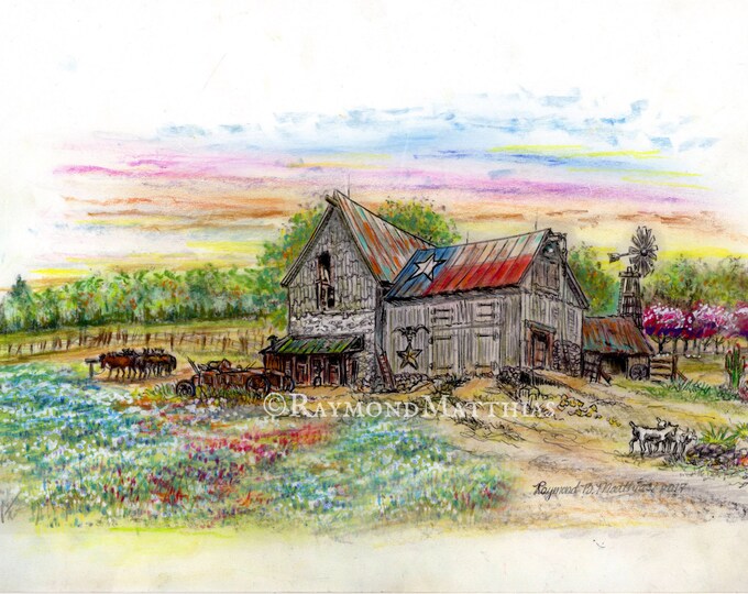 Texas Barn Farm Drawing Illustration Watercolor Pencil Fine Art Matted ...