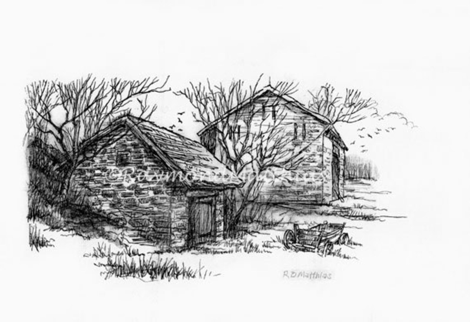 Old Stone Barn Pen and Ink Print Black and White Fine Art Illustration ...