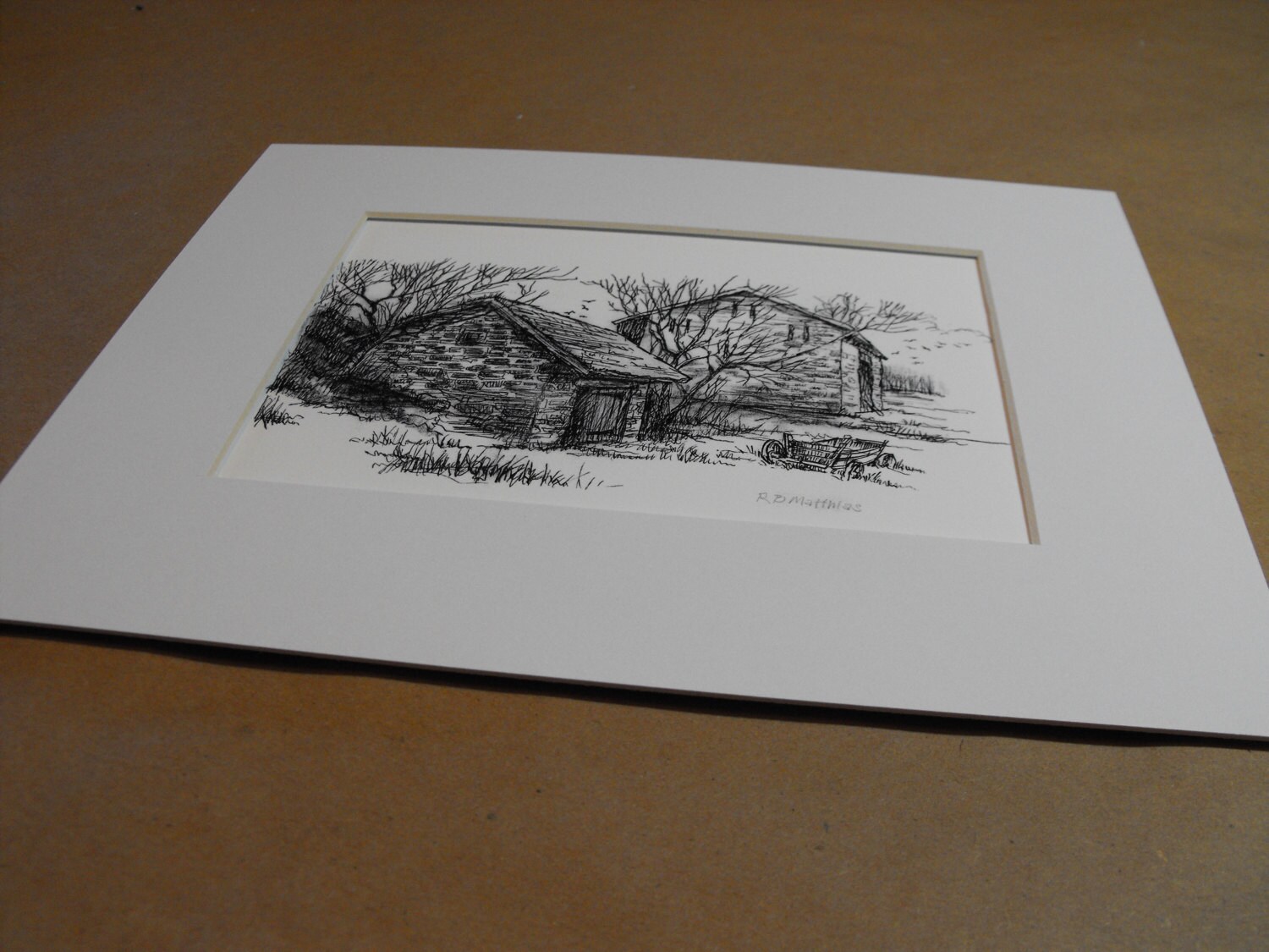 Rustic Stone Barn Color Pen and Ink Watercolor Pencil Matted - Etsy