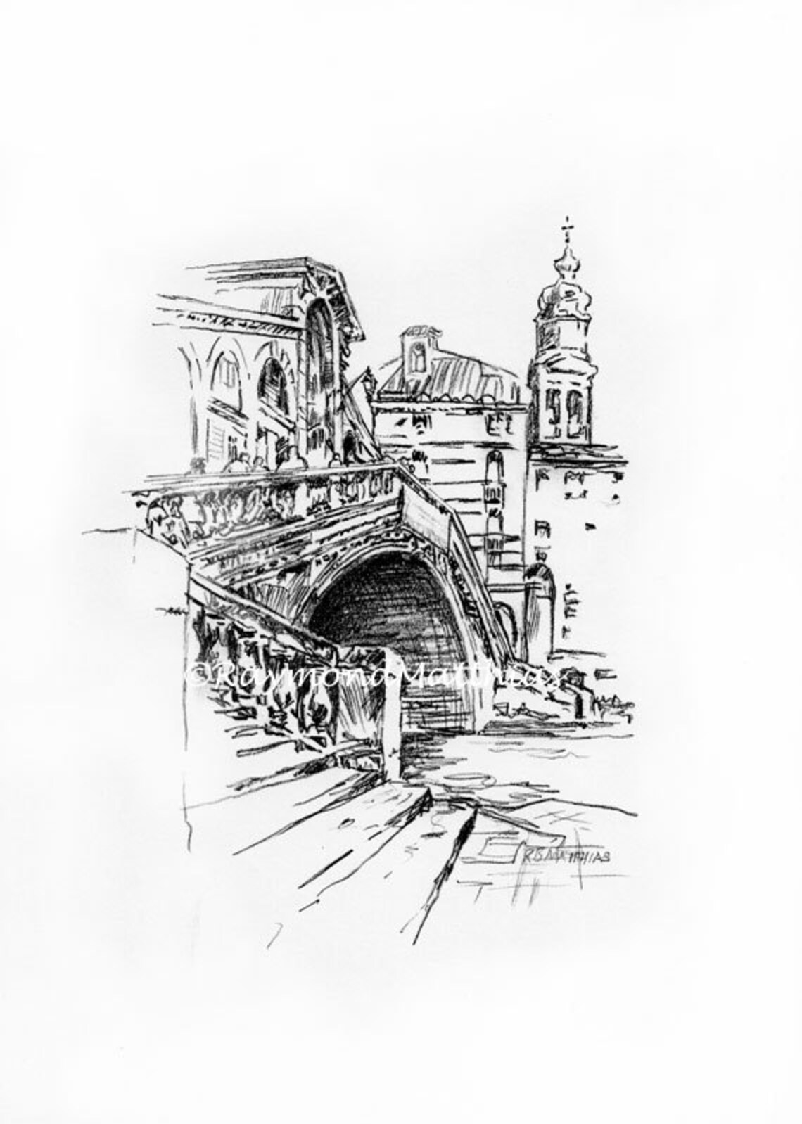 Venice Italy Rialto Bridge Pencil Pen and Ink Drawing Illustration ...