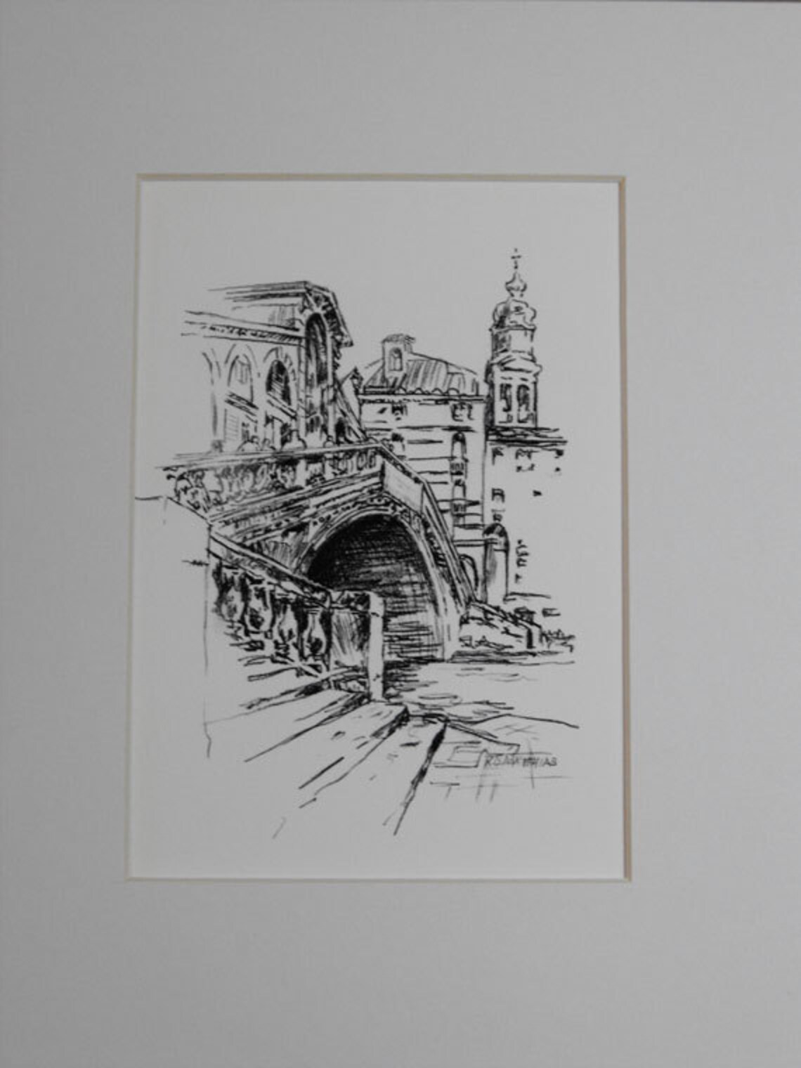 Venice Italy Rialto Bridge Pencil Pen and Ink Drawing Illustration ...