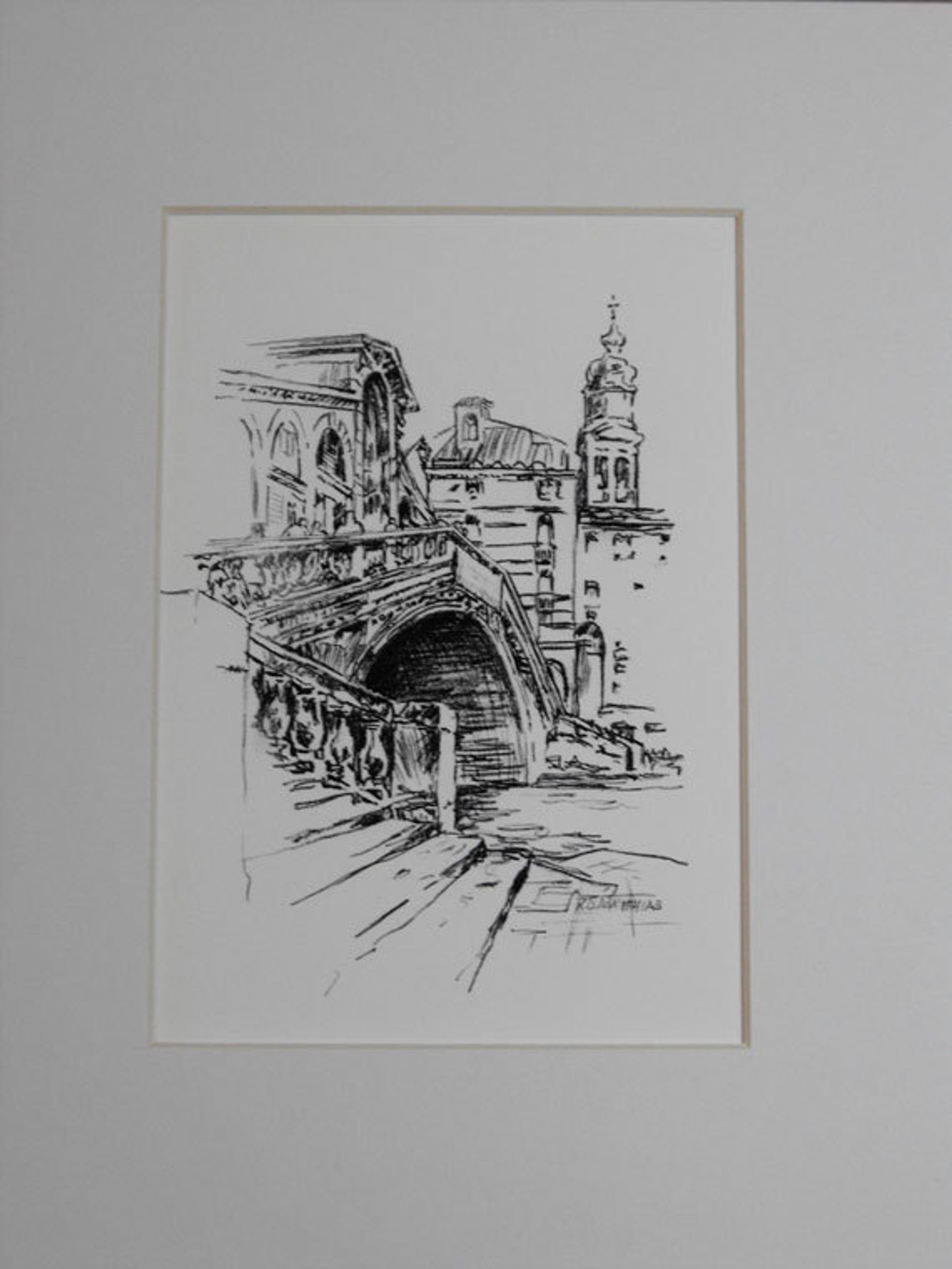 Venice Italy Rialto Bridge Pencil Pen and Ink Drawing Illustration ...