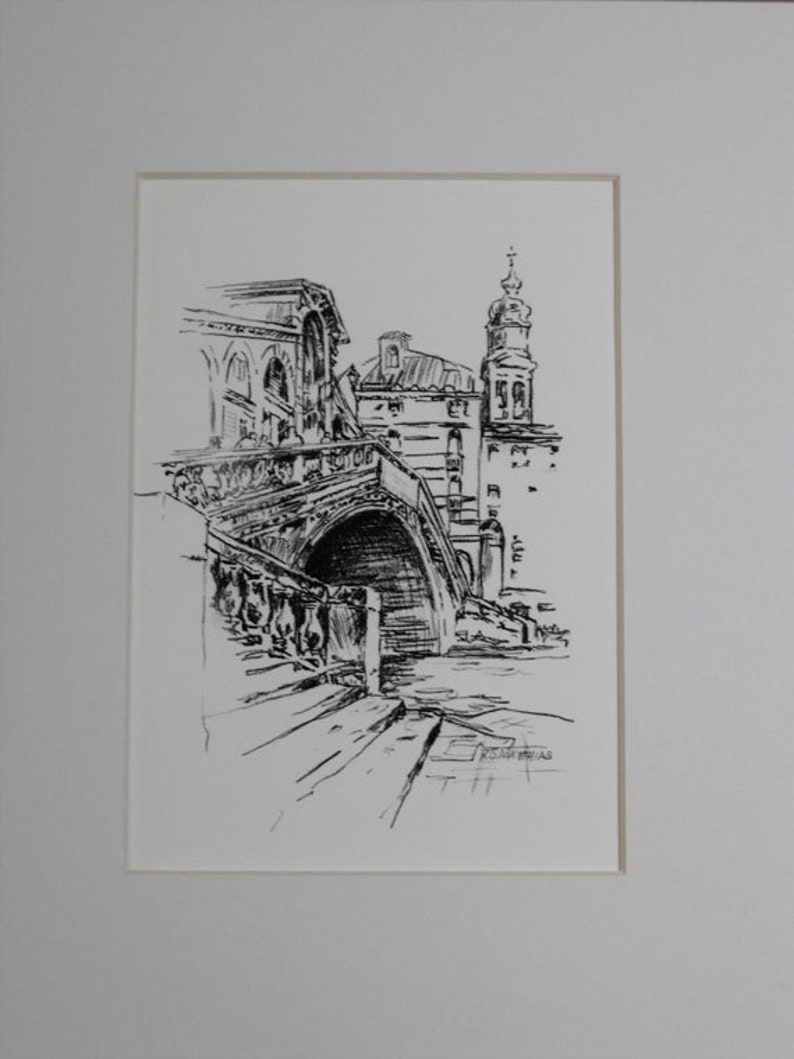 Venice Italy Rialto Bridge Pencil Pen and Ink Drawing Illustration ...