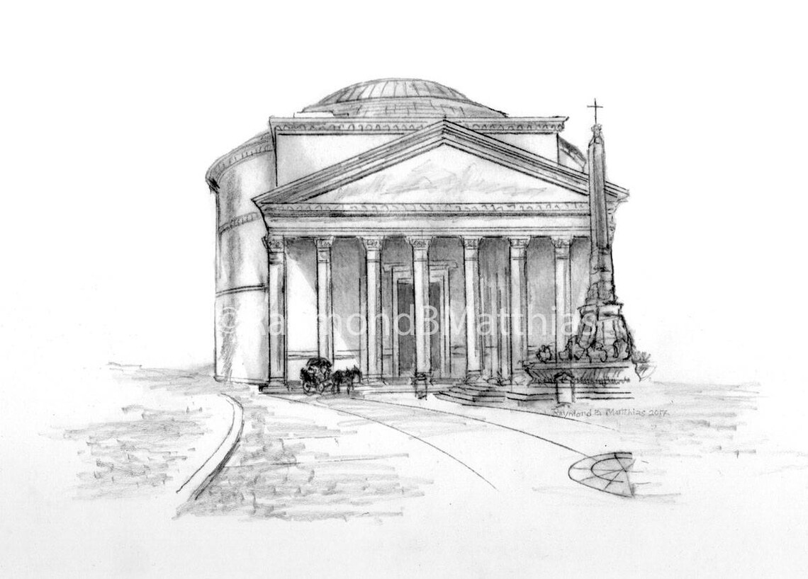 Pantheon Rome Italy Pen and Ink Pencil Drawing Illustration Fine Art ...