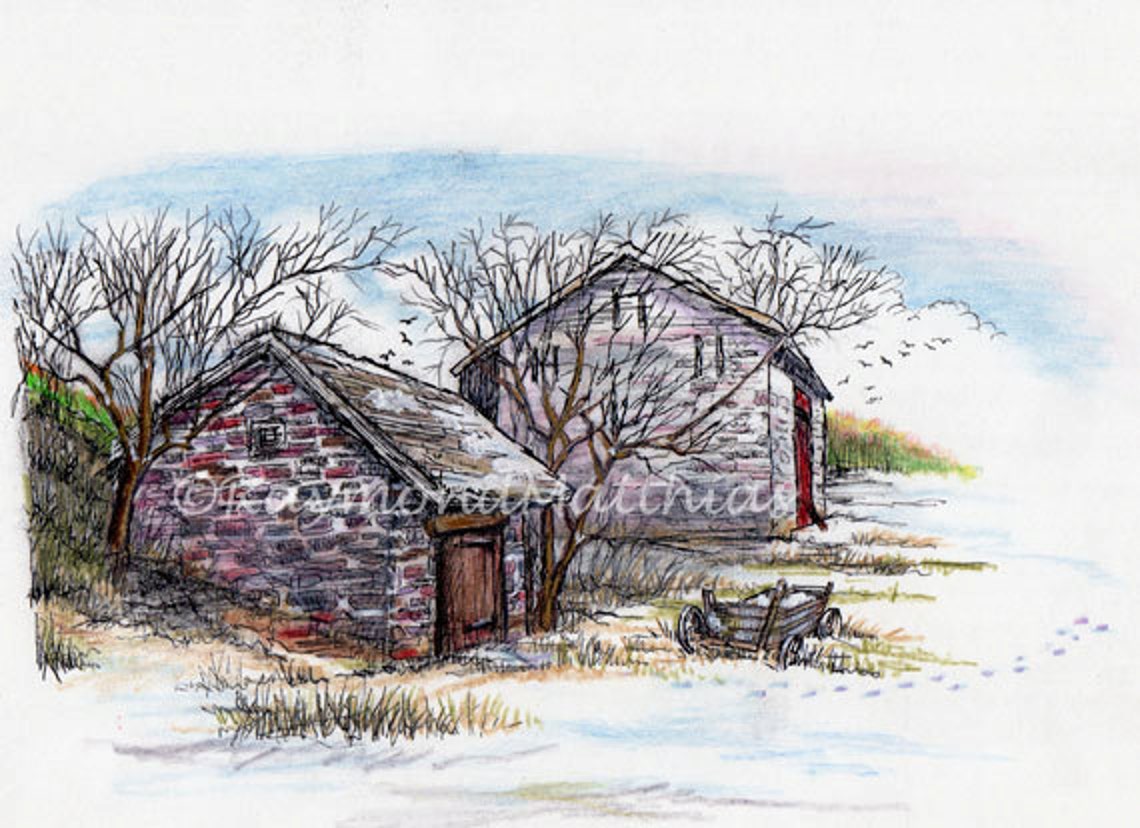 Rustic Stone Barn Color Pen and Ink Watercolor Pencil Matted - Etsy