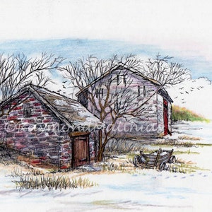 Rustic Stone Barn Color Pen and Ink Watercolor Pencil Matted - Etsy