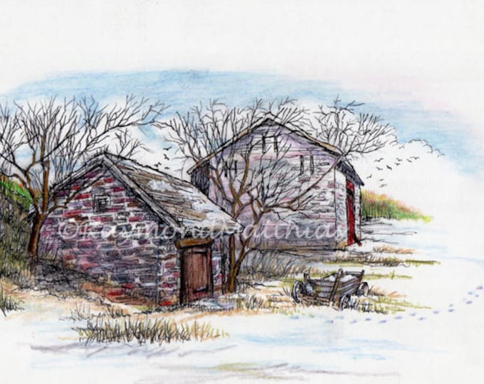 Rustic Stone Barn Color Pen and Ink Watercolor Pencil Matted Drawing ...