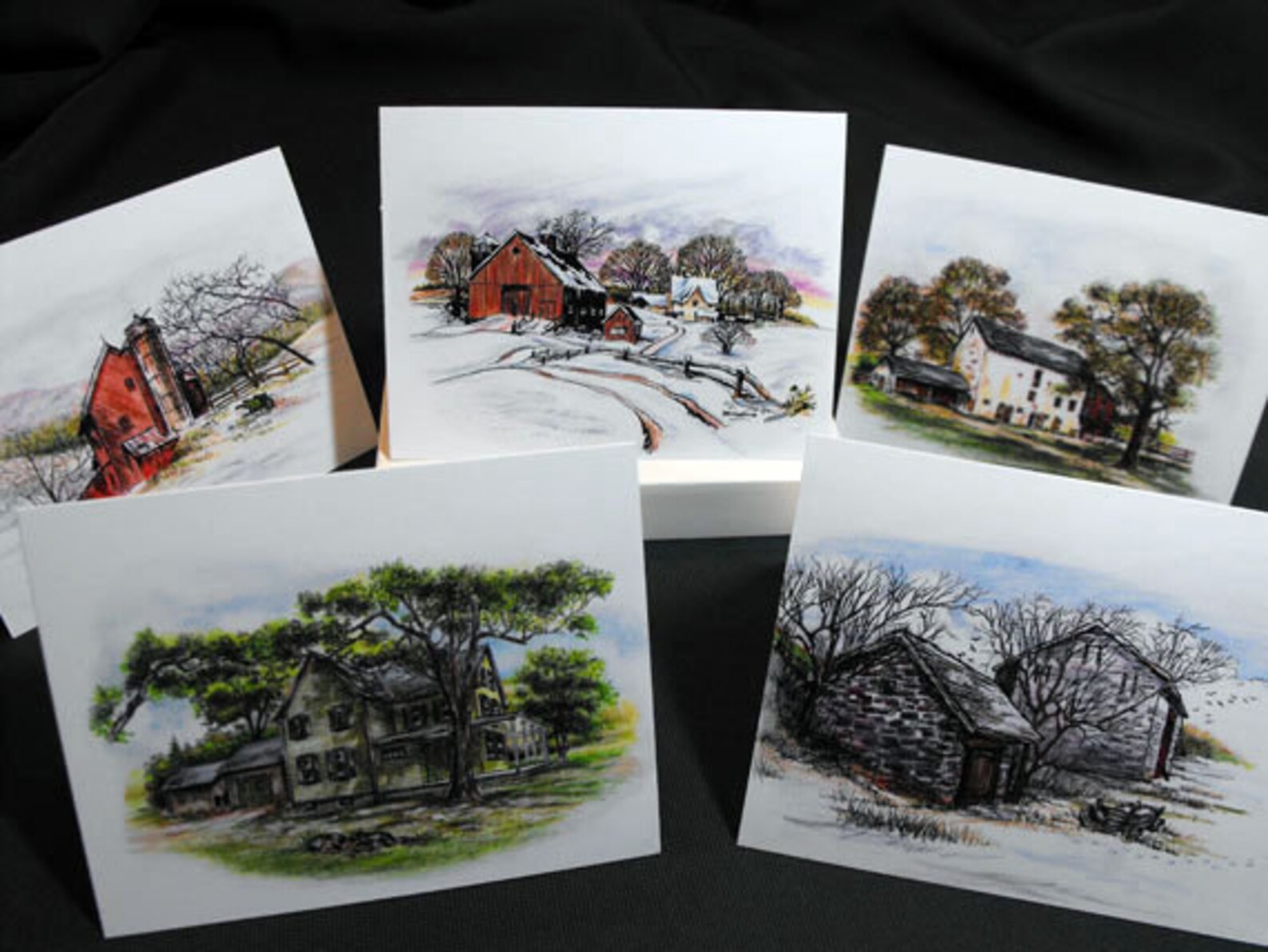 Five Rustic Note Cards Watercolor Print Christmas, Sympathy, Thank You ...