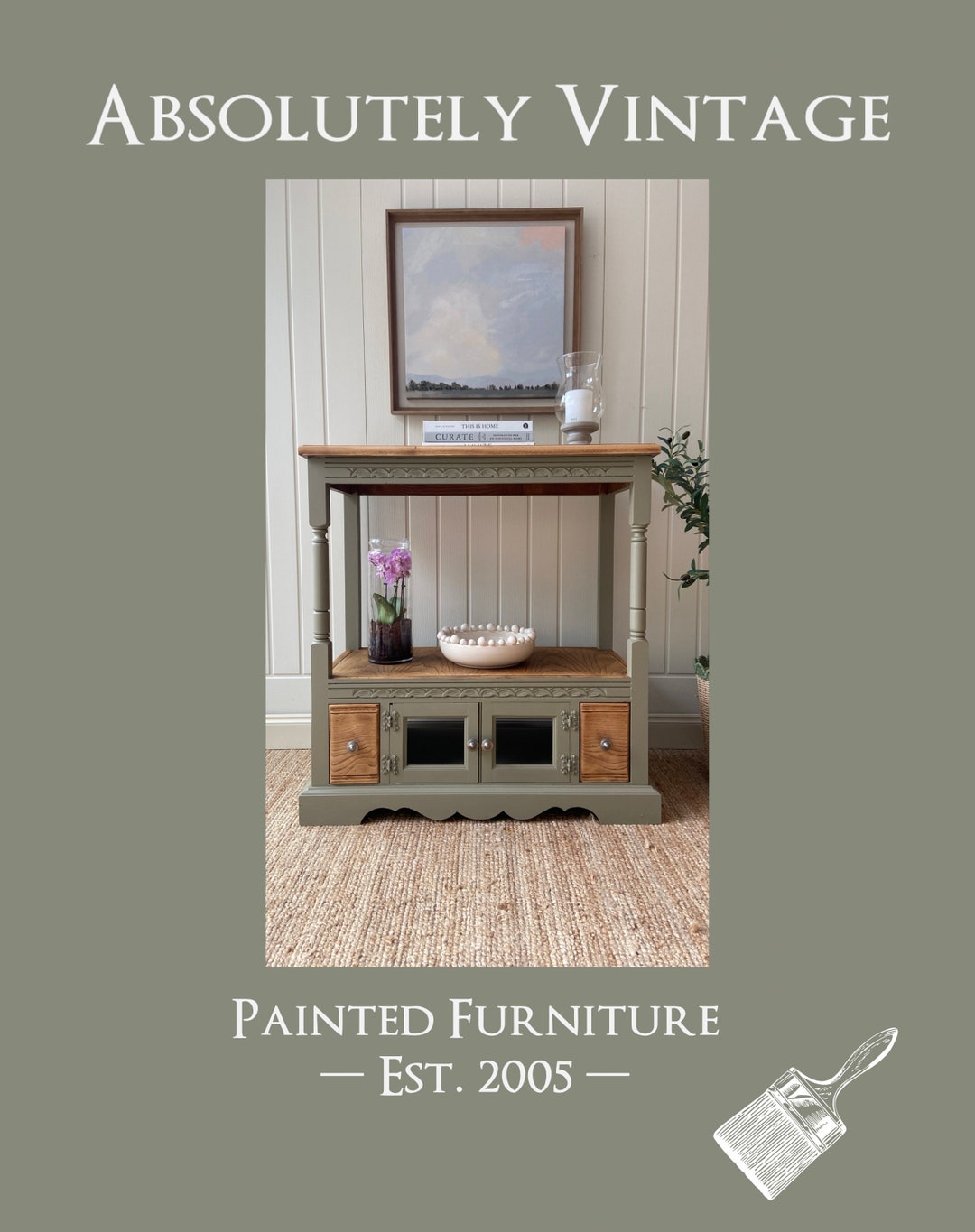 A Vintage Oak Console Table / Cupboard Olive Green - Etsy