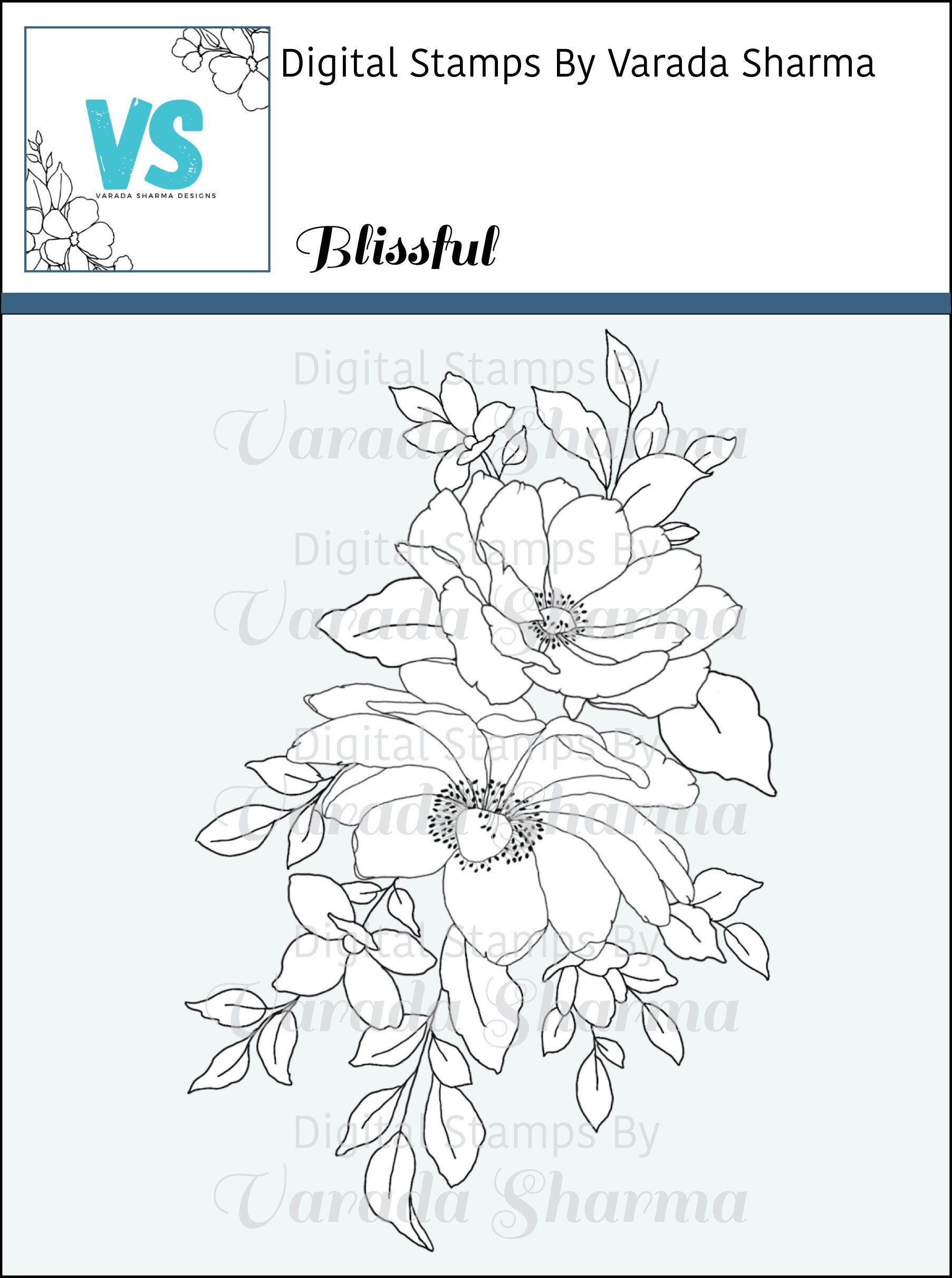 Digital Stamps - Blissful, Floral Digi Stamp, Card Making, Scrapbooking ...