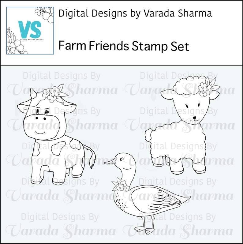 Digital Stamps - Farm Friends, Farm Animals and Flowers Digital Image ...
