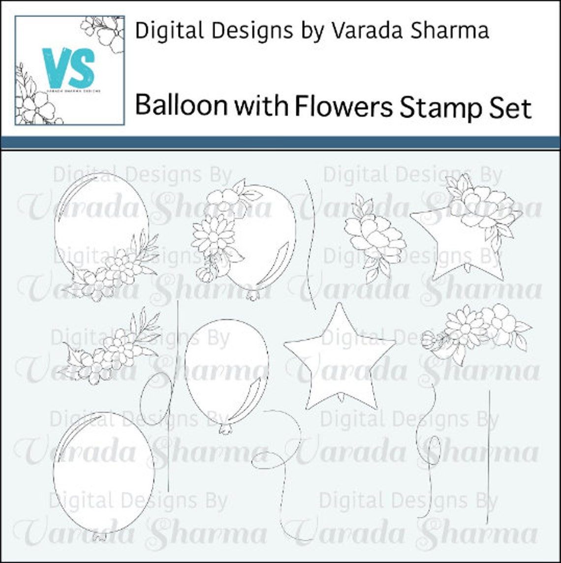 Digital Stamps Balloons With Flowers, Balloon Digital Image, Digi Stamp ...
