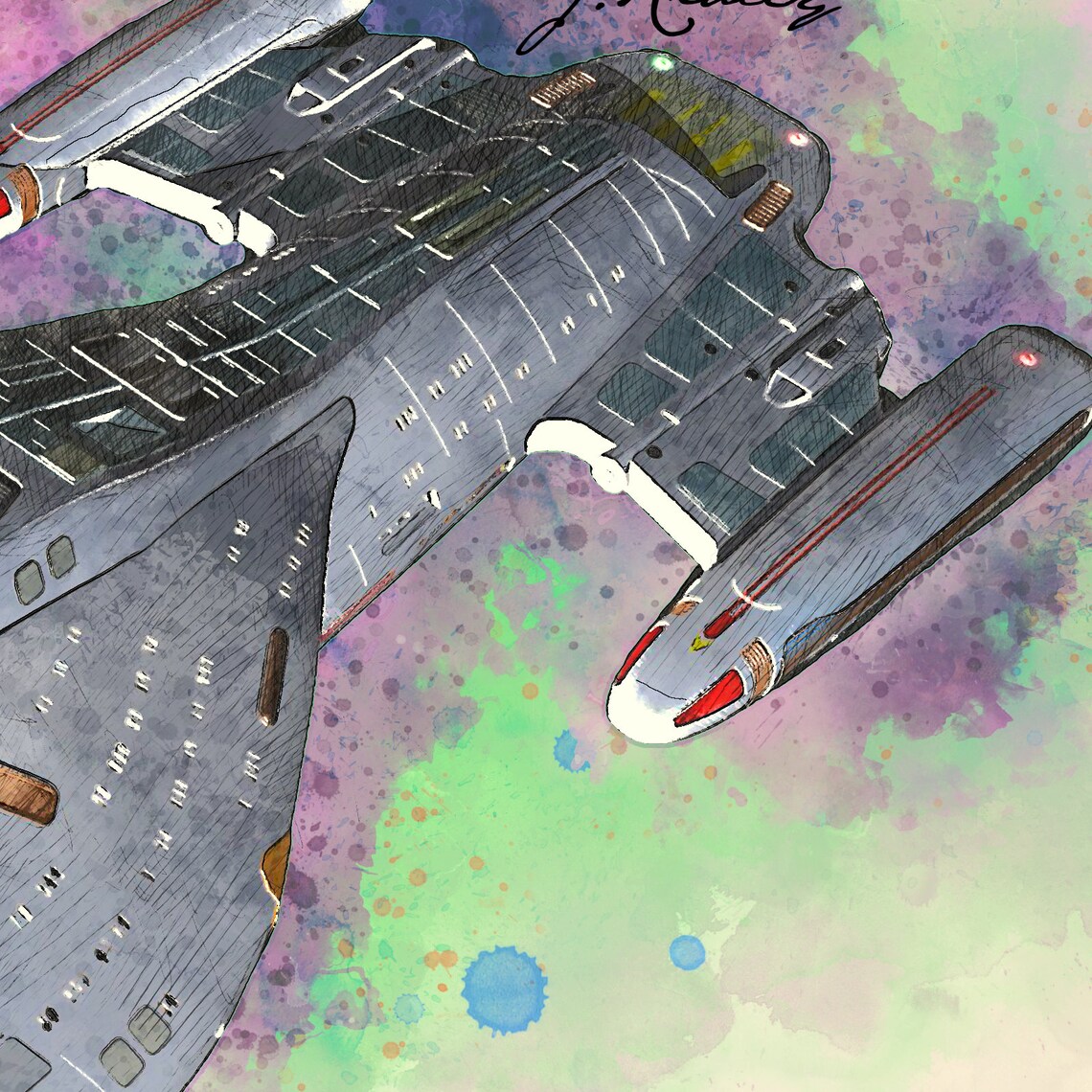 Star Trek USS Voyager Watercolor Colored Pencil Art Printable | Etsy