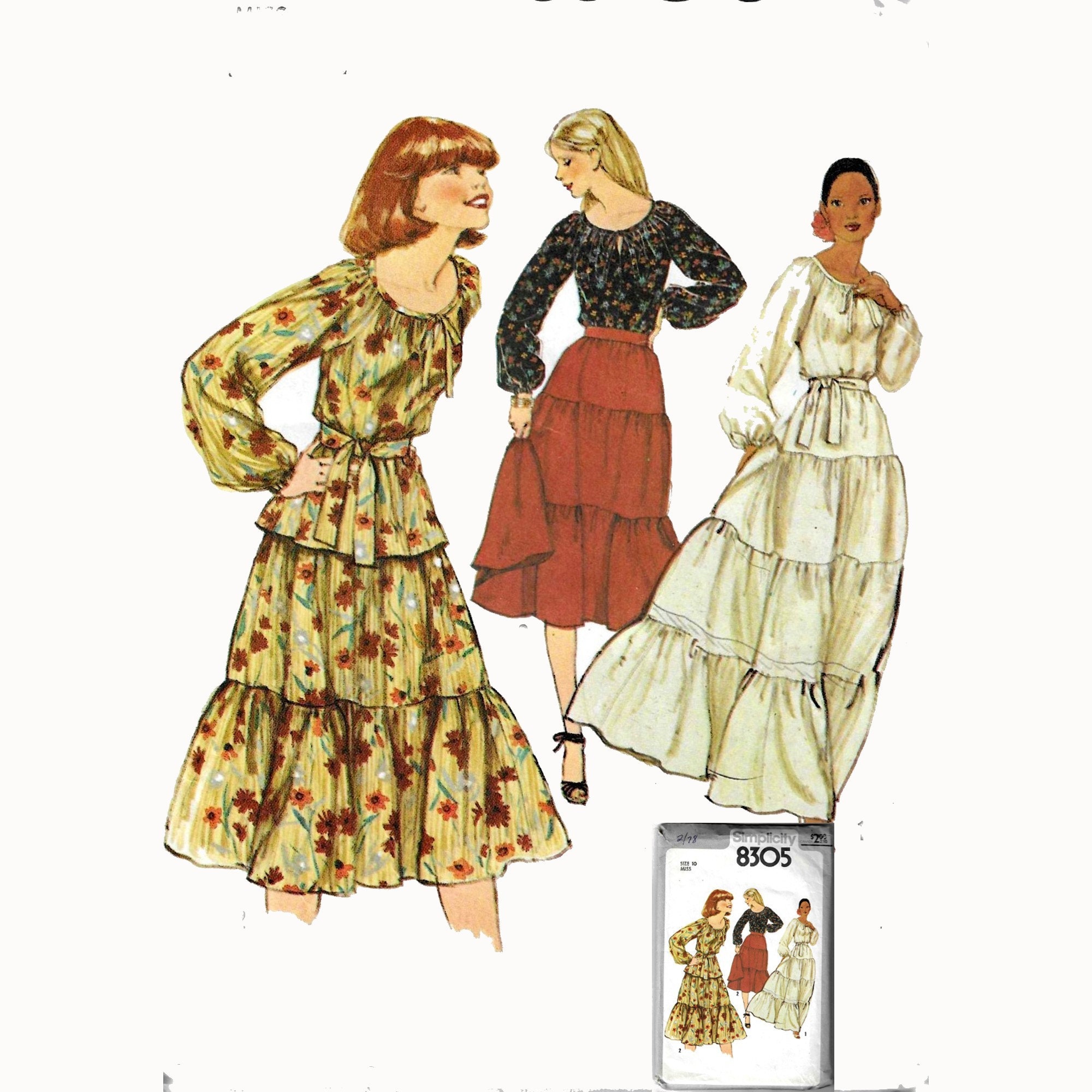 Vintage 1970s Simplicity 8305 Misses Long Sleeve Peasant Top And Tiered Ruffled Skirt Sewing