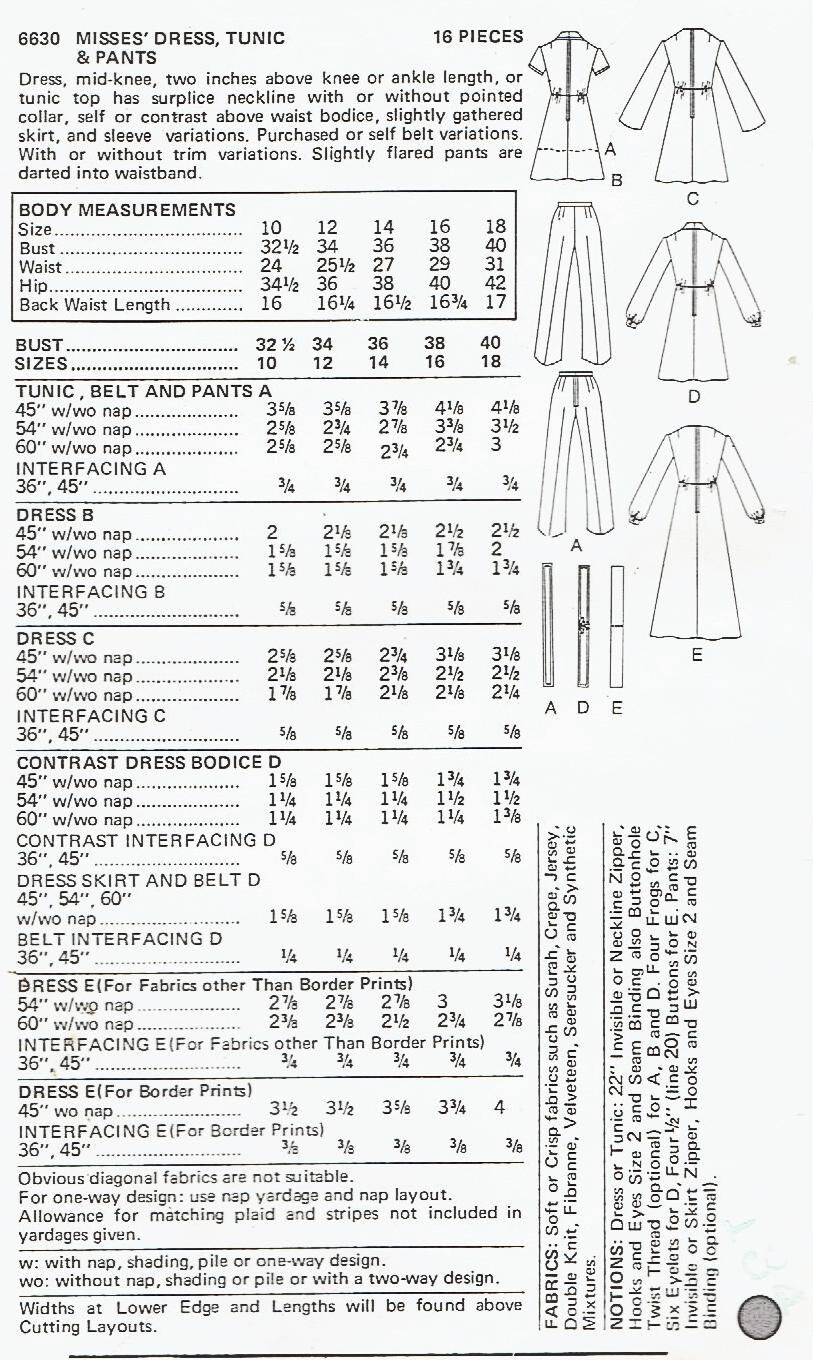 Butterick 6630 Sewing Pattern Vintage 1970s Mod Misses' Tunic Dress and ...
