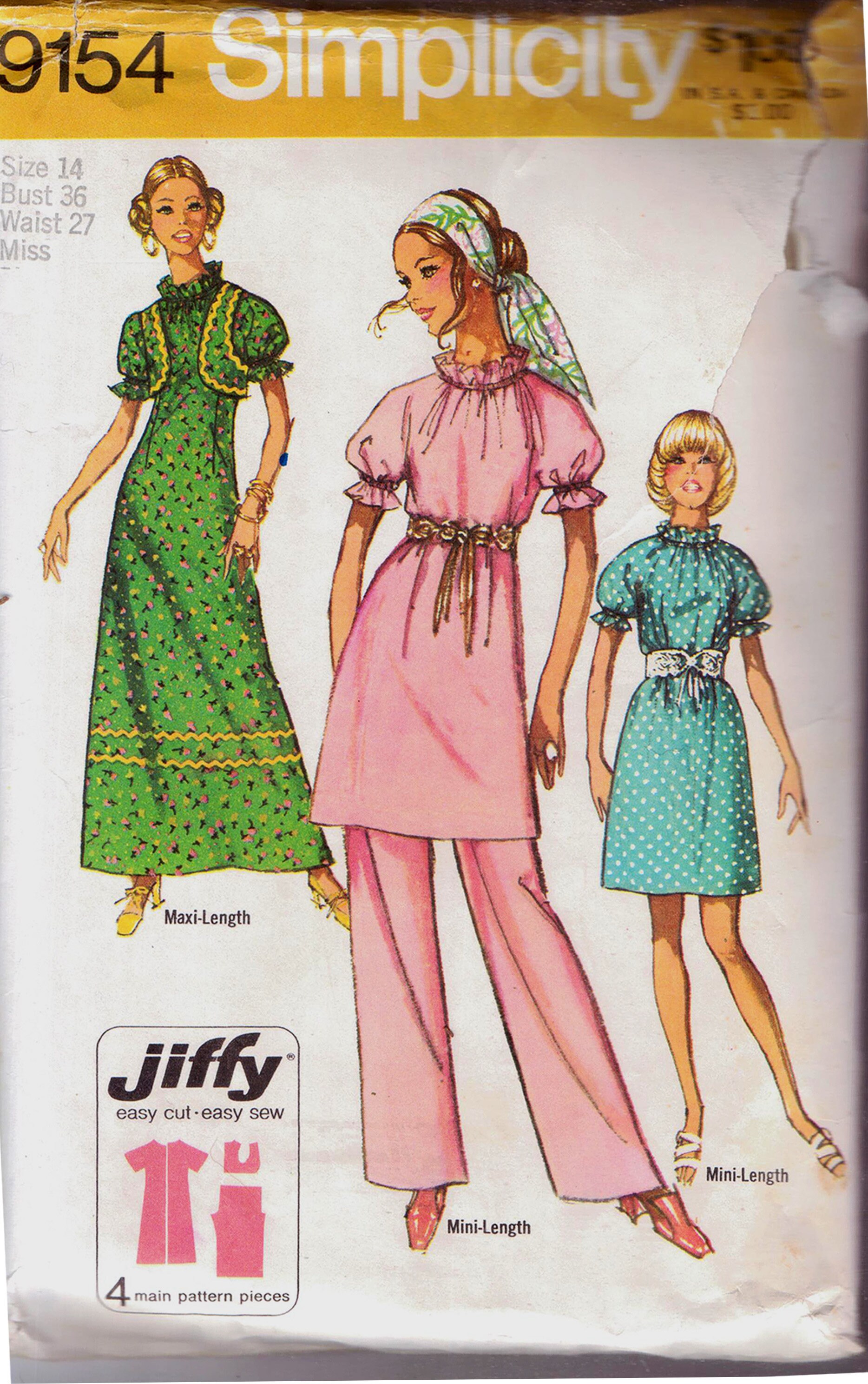 Simplicity 9154 Vintage 1970s Hippie Style Tunic Peasant Dress in Maxi ...
