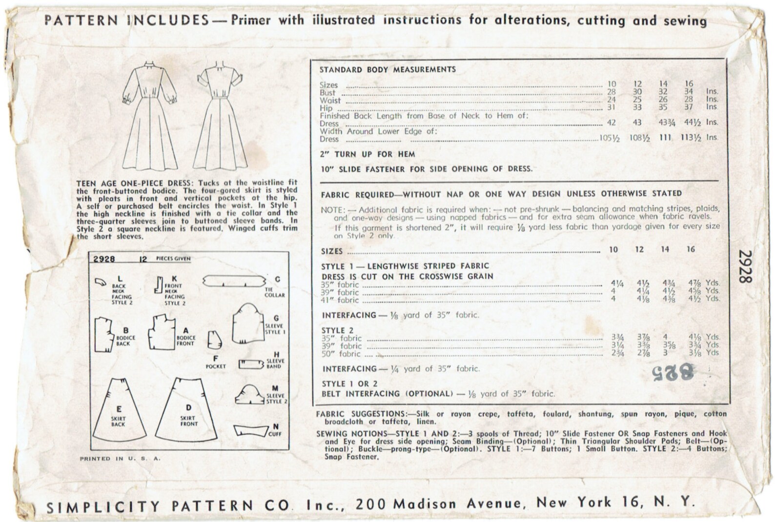 Simplicity 2928 Sewing Pattern Vintage 1940s Teens Full Pleated Four ...